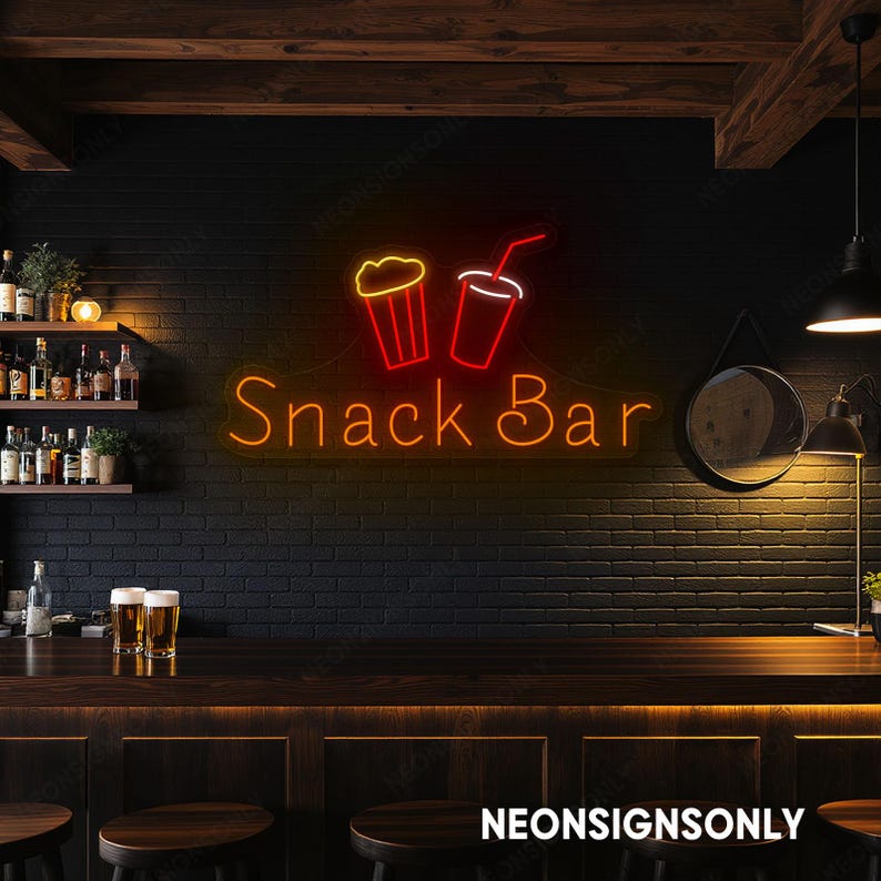 Snack Bar Led Neon Sign, Snack Bar Led Sign Popcorn Drink Neon Line Art ...
