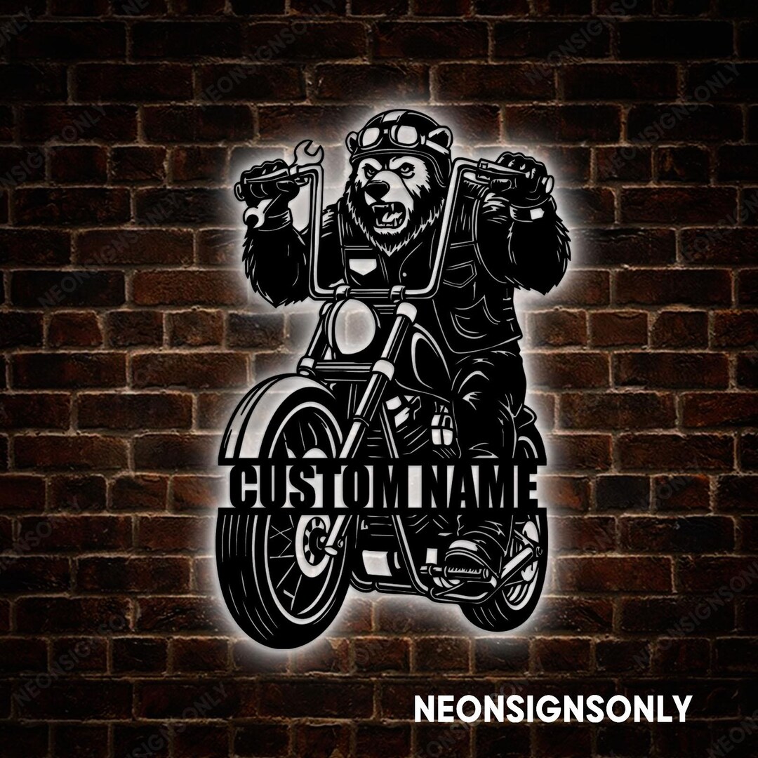 Custom Name Biker Bear Motorcycle Metal Sign, Personalized Chopper ...