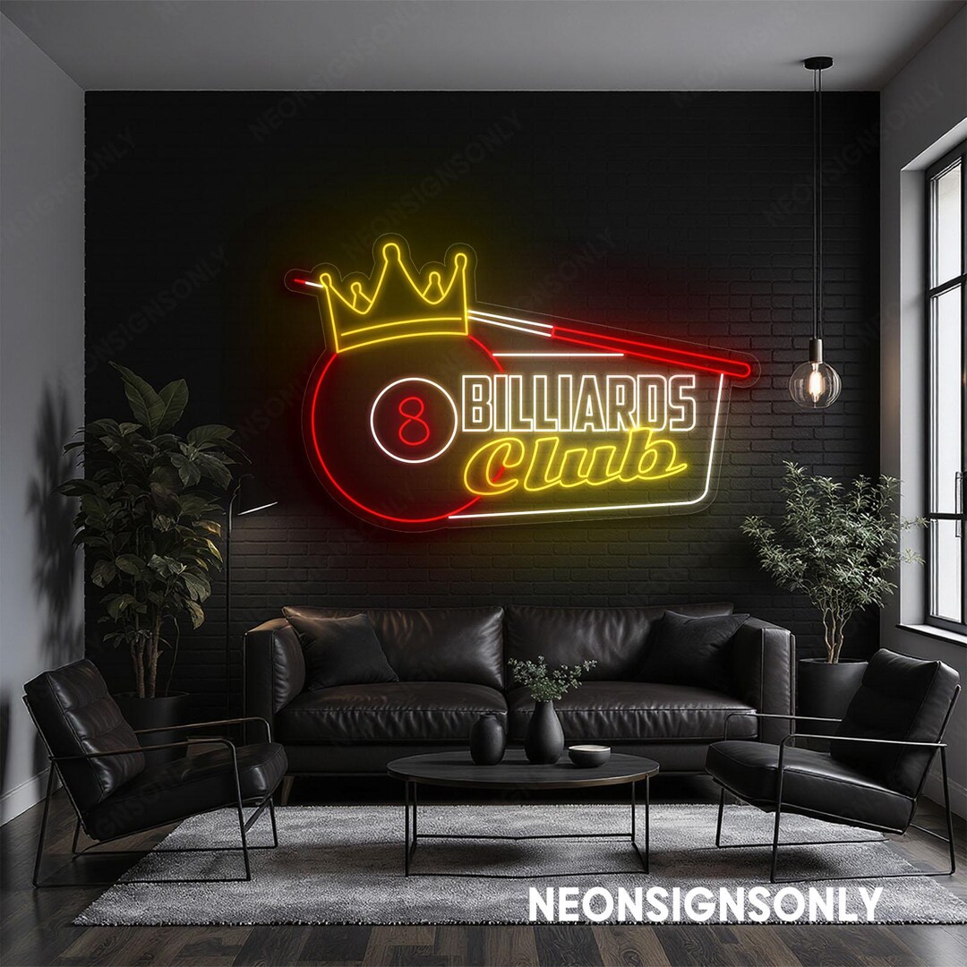 Billiards Club LED Neon Sign, Billiards Club Cue Crown 8 Ball Light ...
