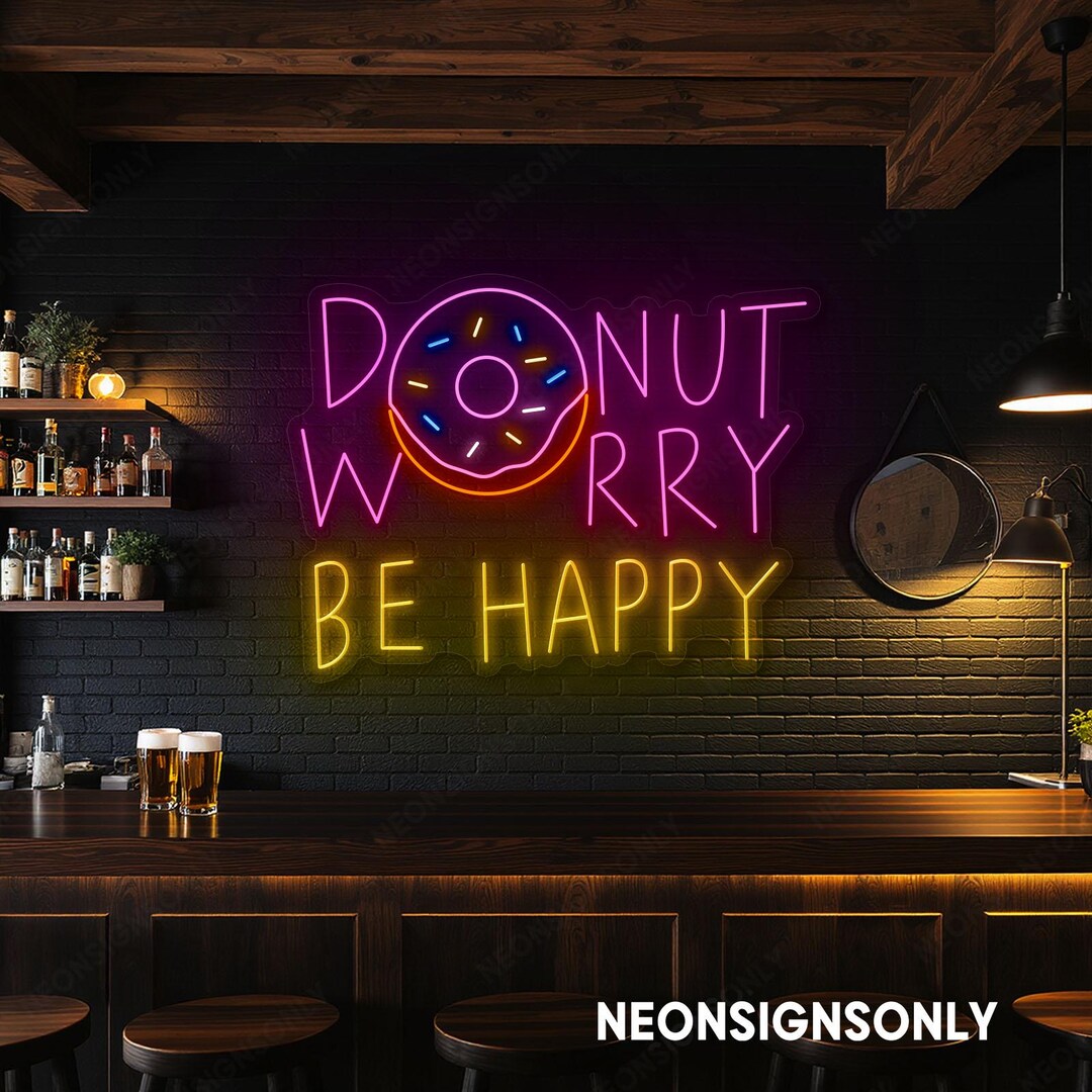 Donut Worry Be Happy Led Neon Sign, Donut Neon Sign Donut Led Line Art ...