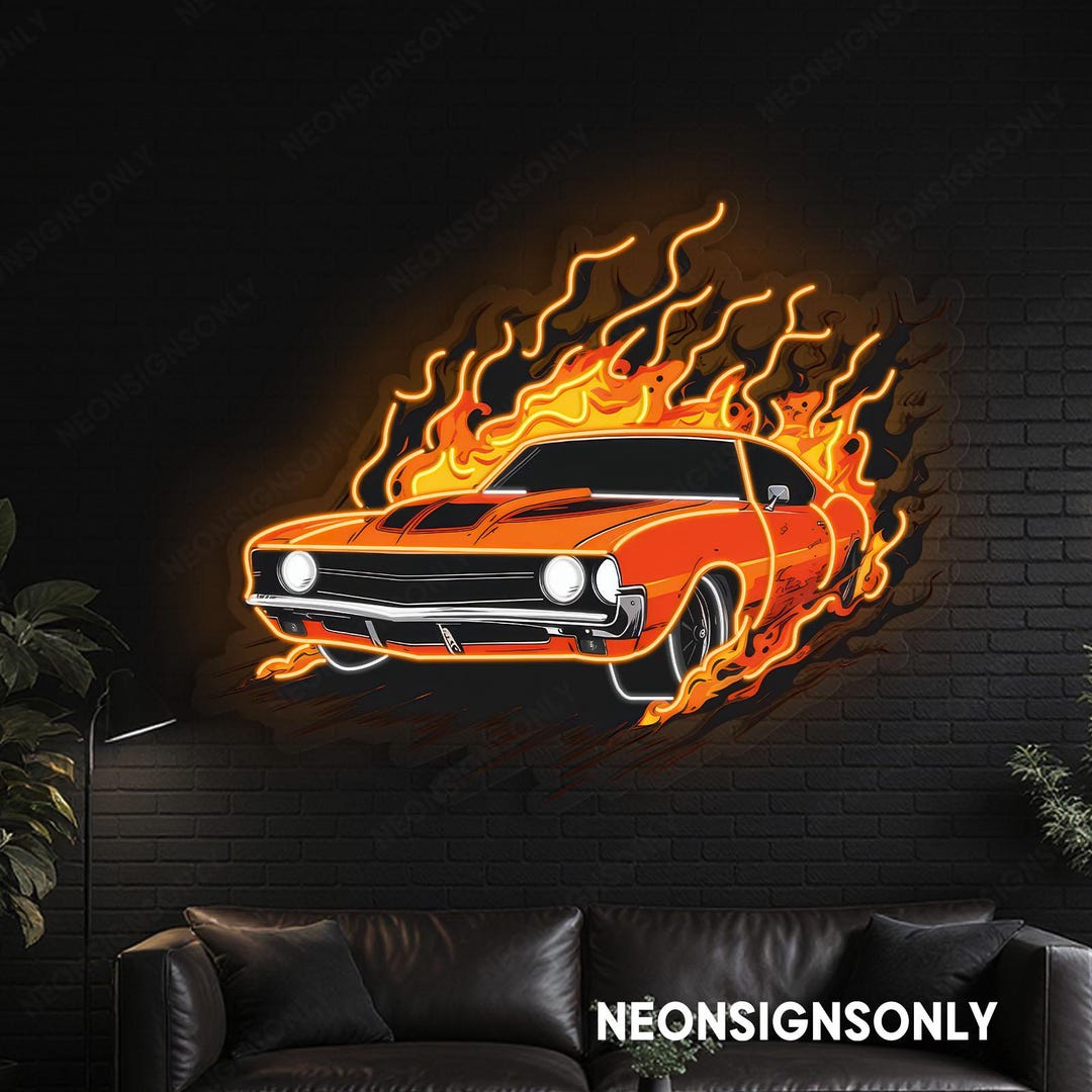 Flaming Muscle Car Neon Sign, Orange Blazing Hot Rod Neon Wall Light ...