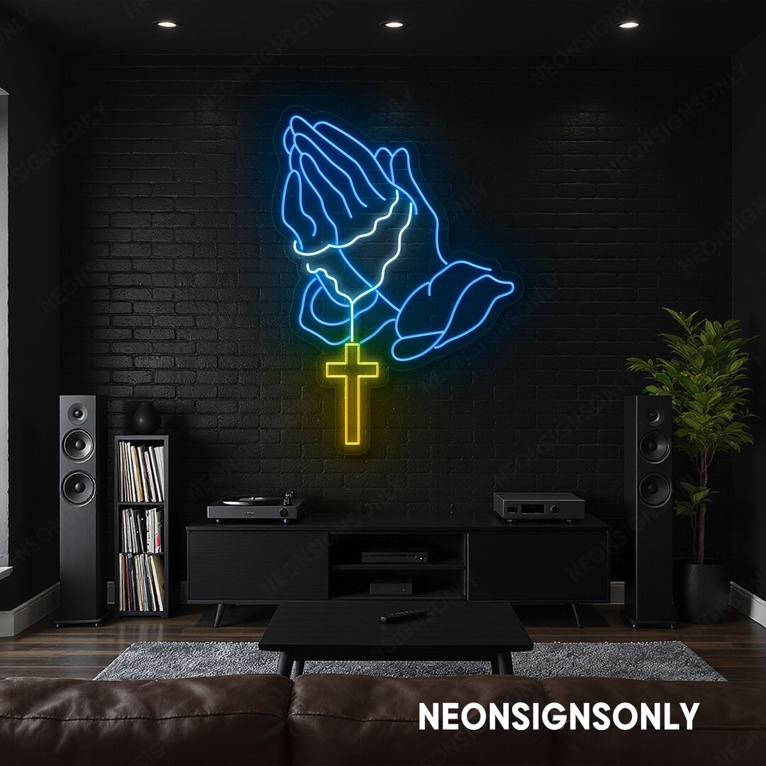 Cross Praying Hands Led Neon Sign, Personalized Prayer Hands Cross Wall ...