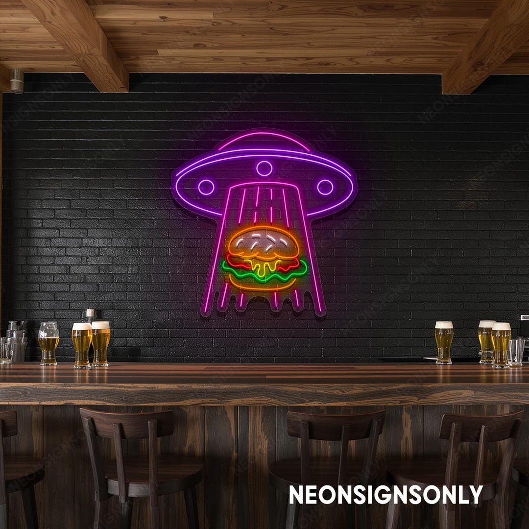 Burger UFO Led Neon Sign, UFO Burger Wall Neon Light, UFO Hamburger Led ...