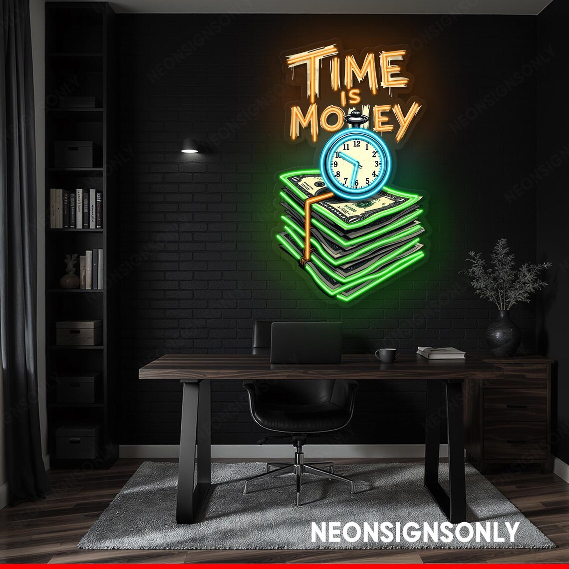 Time is Money Neon Sign, Clock and Dollar Bills UV Printed Acrylic Neon ...