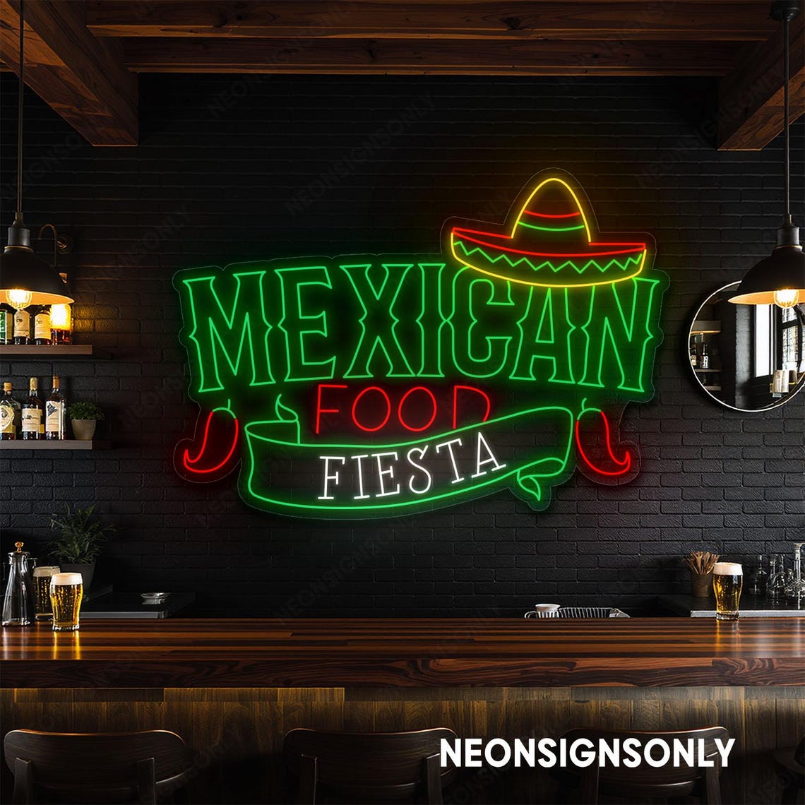Mexican Food Fiesta LED Neon Sign, Mexican Food Fiesta With Sombrero ...