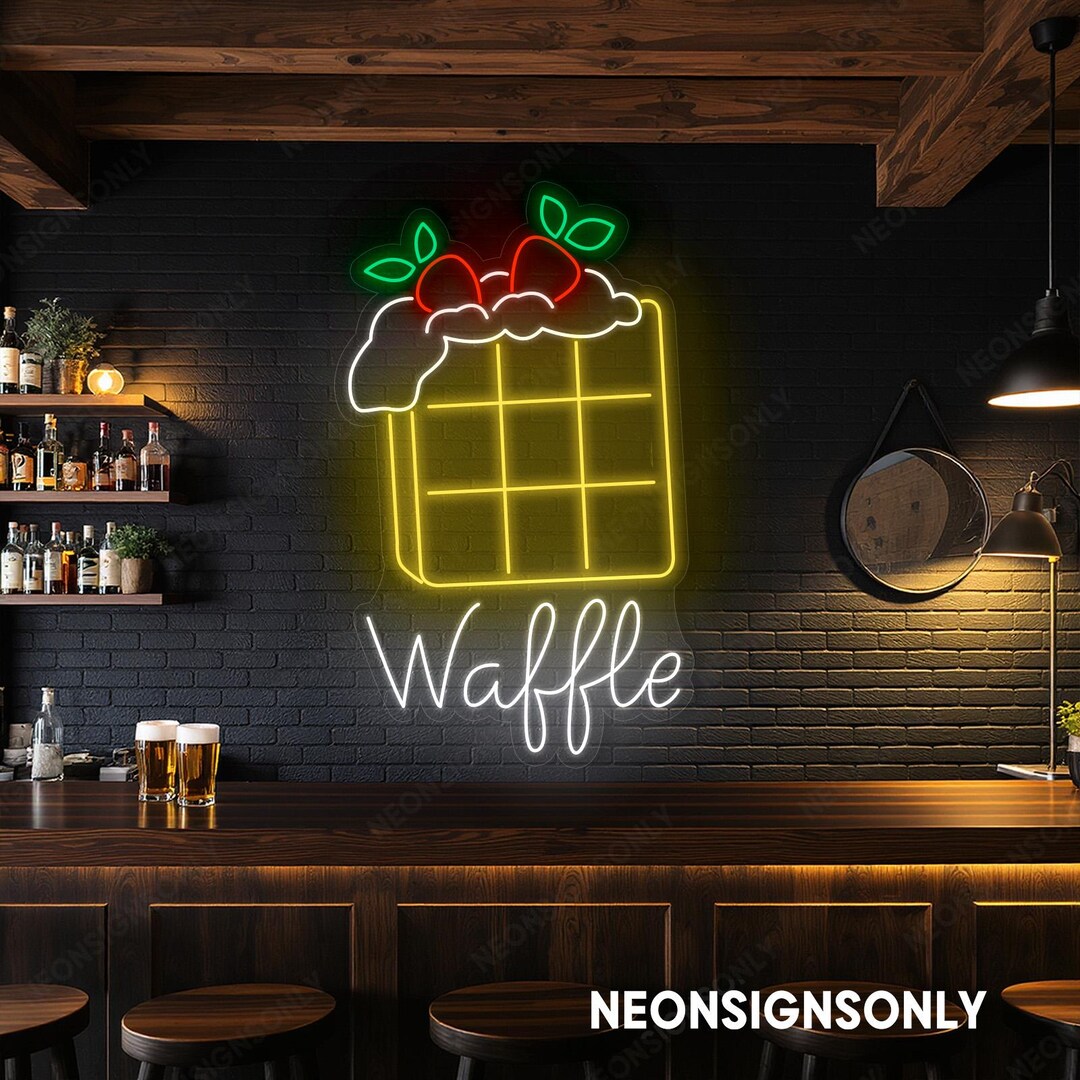 Waffle LED Neon Sign, Waffle Cream Strawberries Outline Light Art ...