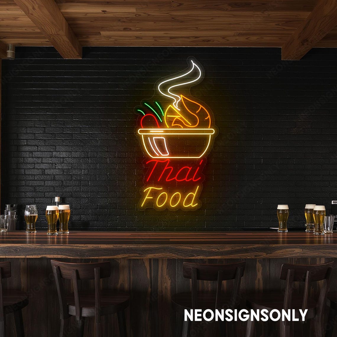 Thai Food Led Neon Sign, Thai Food Wall Led Hot Bowl Shrimp Neon Line ...