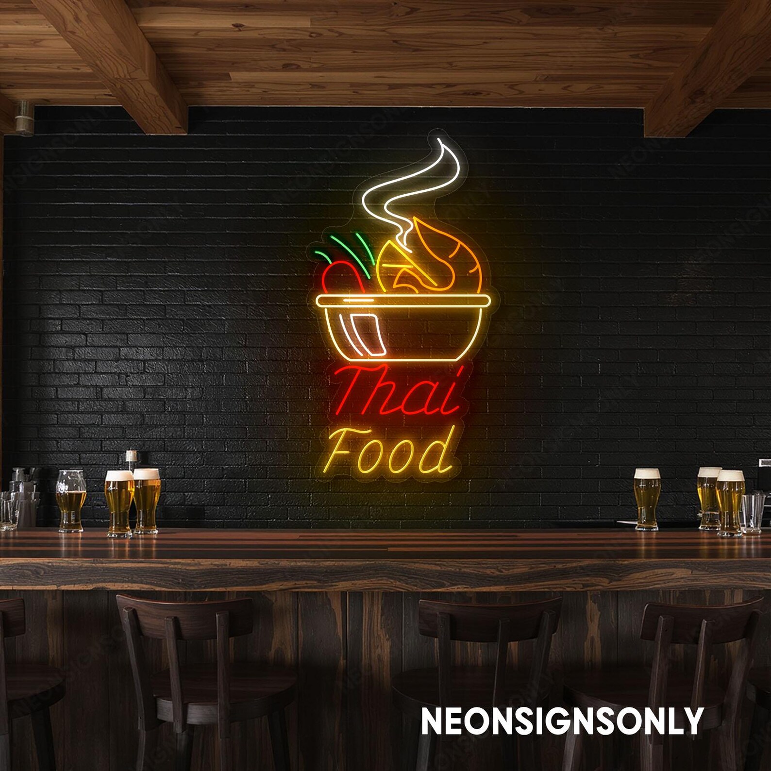 Thai Food Led Neon Sign, Thai Food Wall Led Hot Bowl Shrimp Neon Line ...