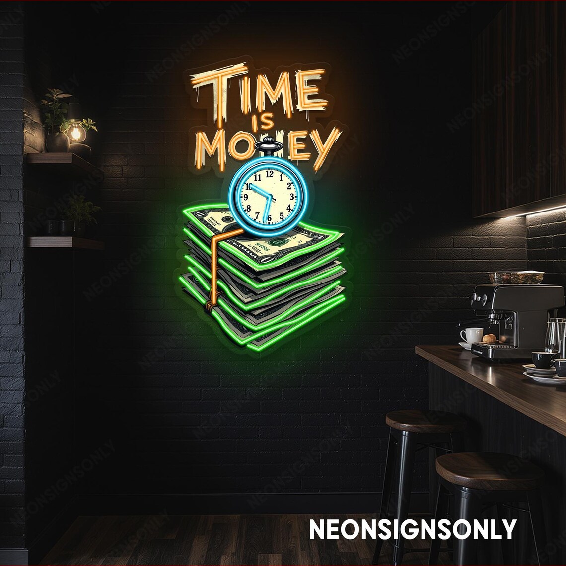 Time is Money Neon Sign, Clock and Dollar Bills UV Printed Acrylic Neon ...