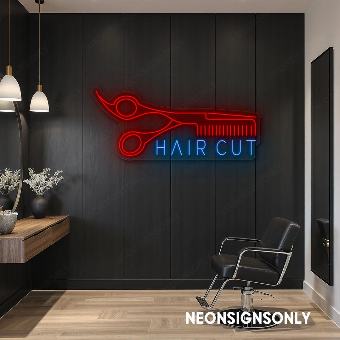Hair Cut Neon Led Sign, Haircut Neon Light Scissors Comb Led Line Art ...