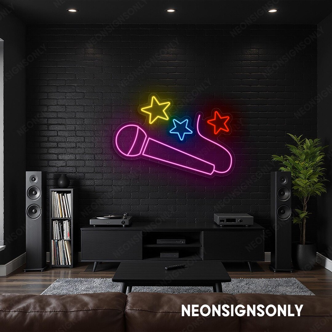 Microphone LED Neon Sign, Personalized Microphone Stars Design Led ...