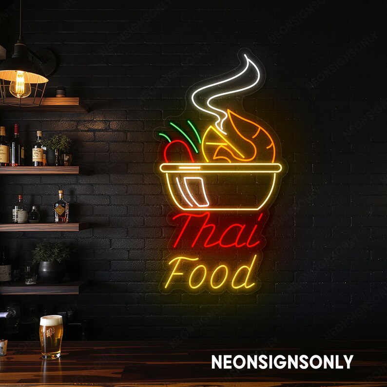 Thai Food Led Neon Sign, Thai Food Wall Led Hot Bowl Shrimp Neon Line ...