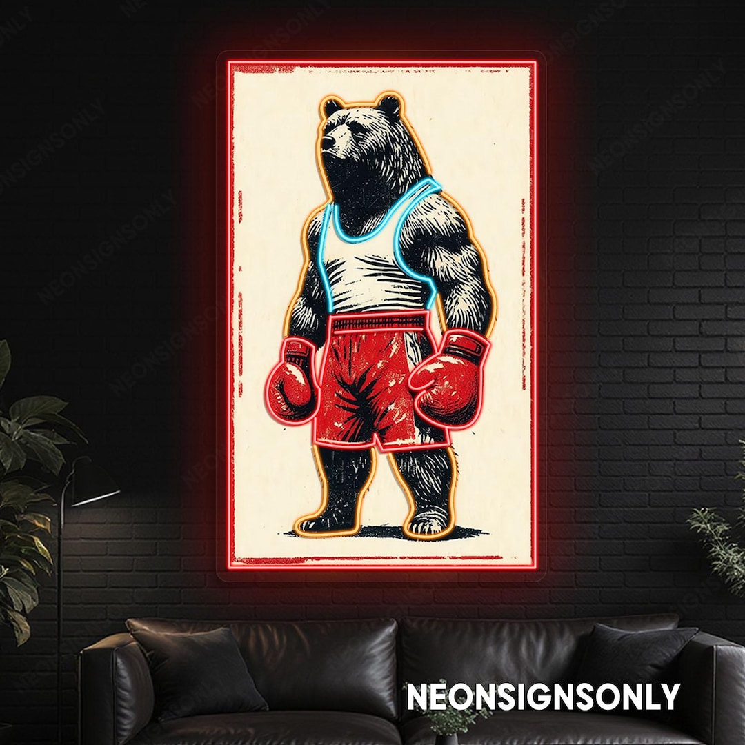 Boxing Bear Neon Sign, Vintage Bear Boxer Fighter Uv Neon Wall Light ...