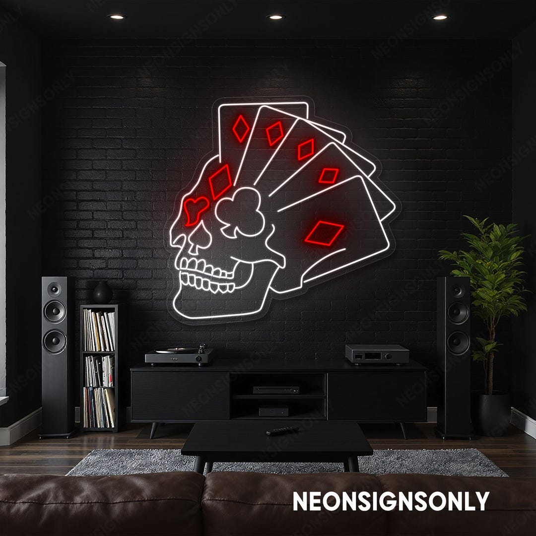 Skull Playing Cards LED Neon Sign, Poker Cards Skull Gambling Light ...