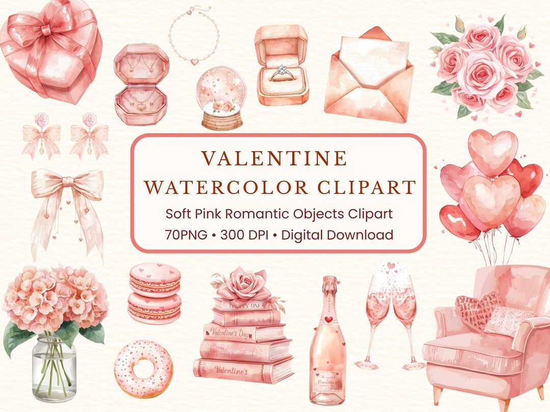 Valentine Watercolor Clipart Set | Soft Pink Romantic Objects, Love ...