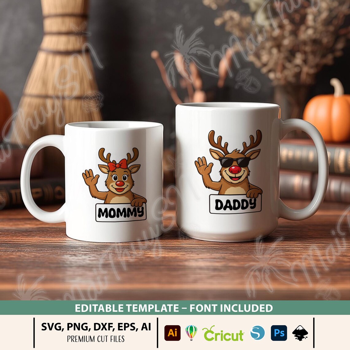 Reindeer Family Christmas SVG PNG Template, Editable Funny Holiday ...