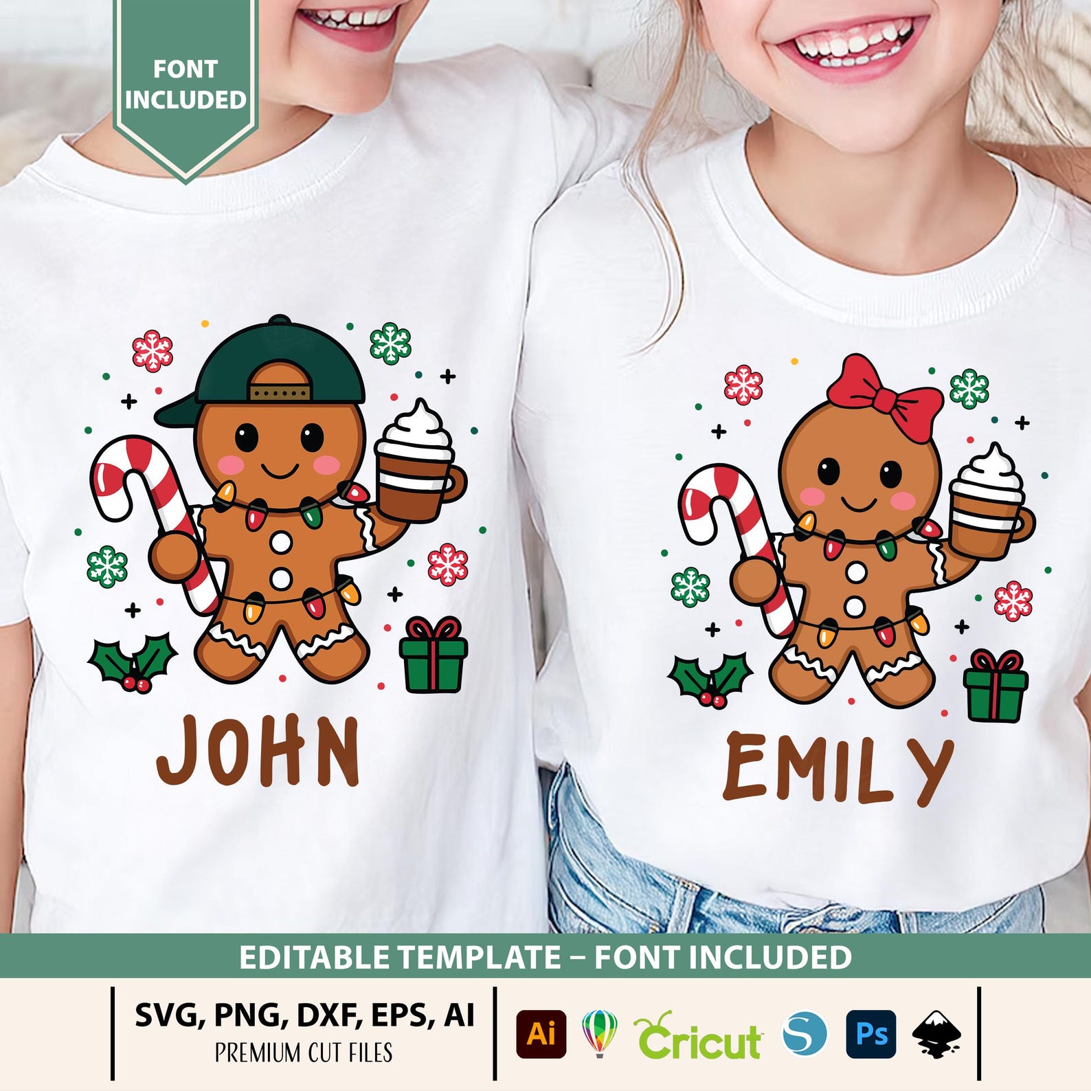 Gingerbread Toddler SVG PNG Template, Editable Gingerbread Girl and Boy ...