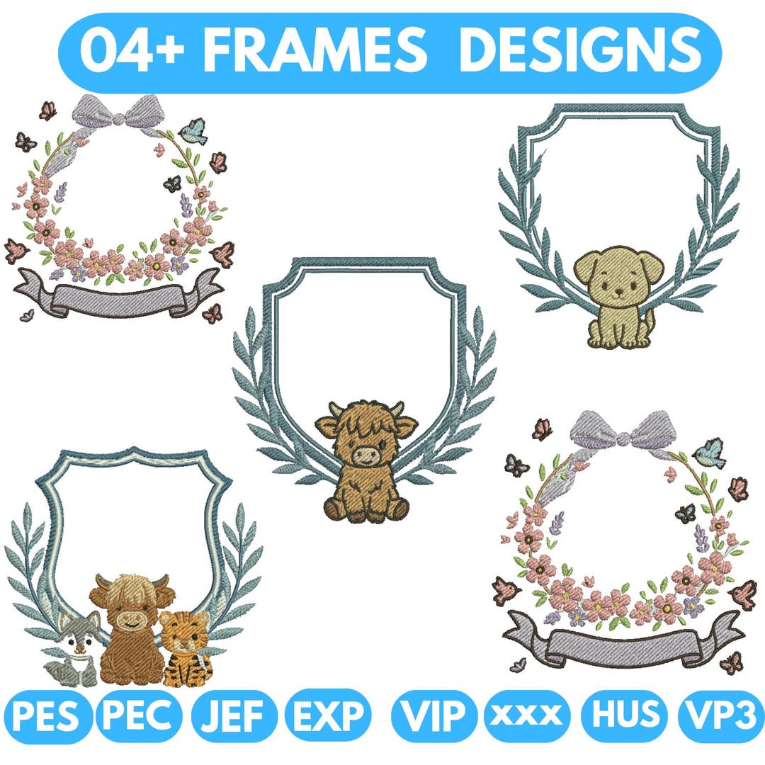 Crest Floral Frames Machine Embroidery Design Bundle Folral Bear Frame ...