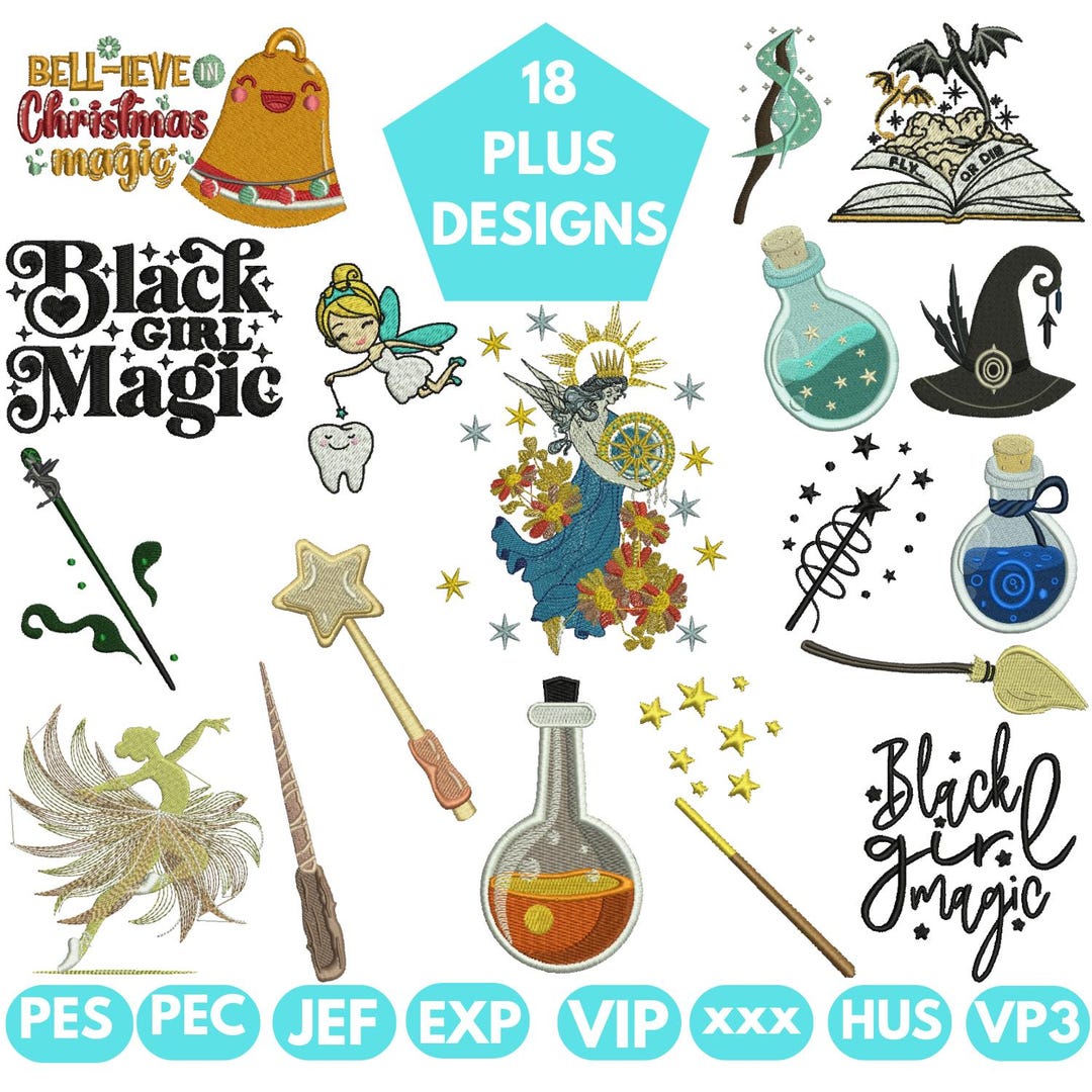 Magic Embroidery Design Bundle: Fantasy Stitches, Potion & Wand Motifs ...