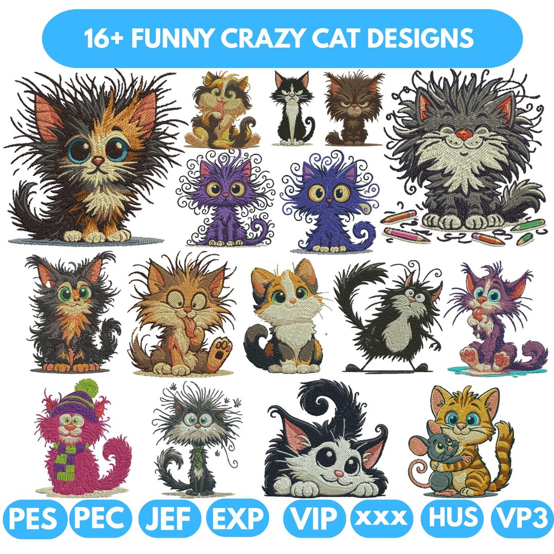 Funny Crazy Cat Machine Embroidery Design Floral Cat Design Frazzled ...