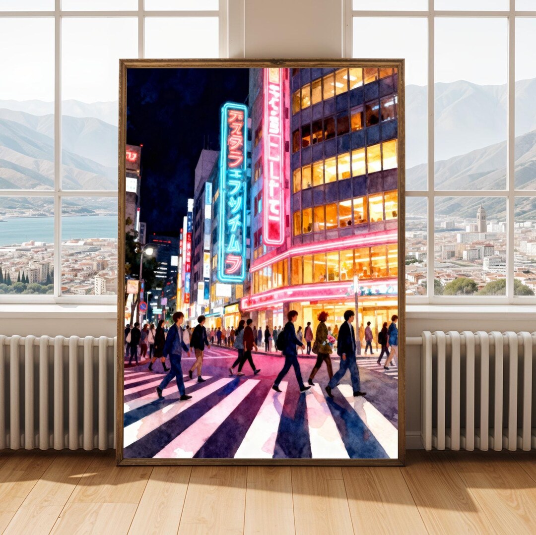 Shibuya Crossing Poster – Neon Tokyo, Minimalist Style, Blue Neon and ...
