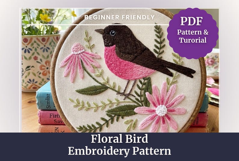 Floral Bird Embroidery Pattern, Beginner Friendly Stitch Tutorial (PDF ...
