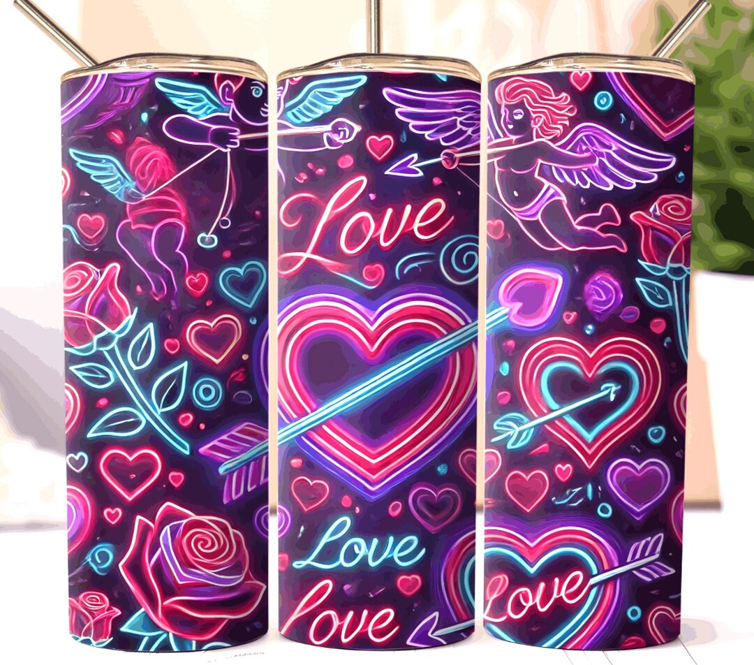 Neon Cupid Love Tumbler PNG, Cupid's Arrow, Glowing Heart, Romantic ...