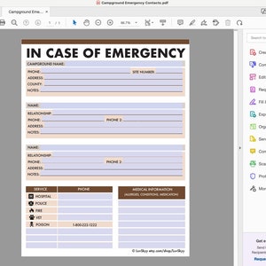 RV Trailer Campground Info, Printable Emergency Contact List, Camping ...