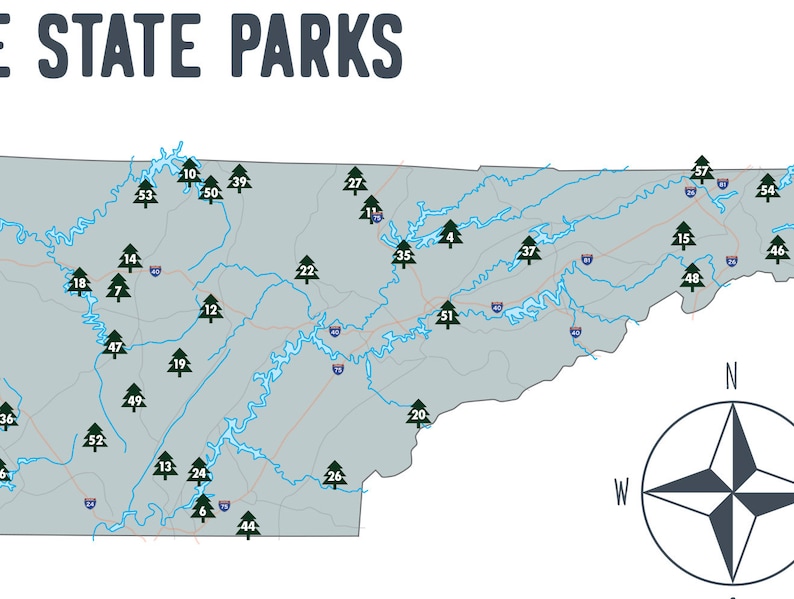 Tennessee State Parks Map Printable Gift, State Parks Checklist for ...