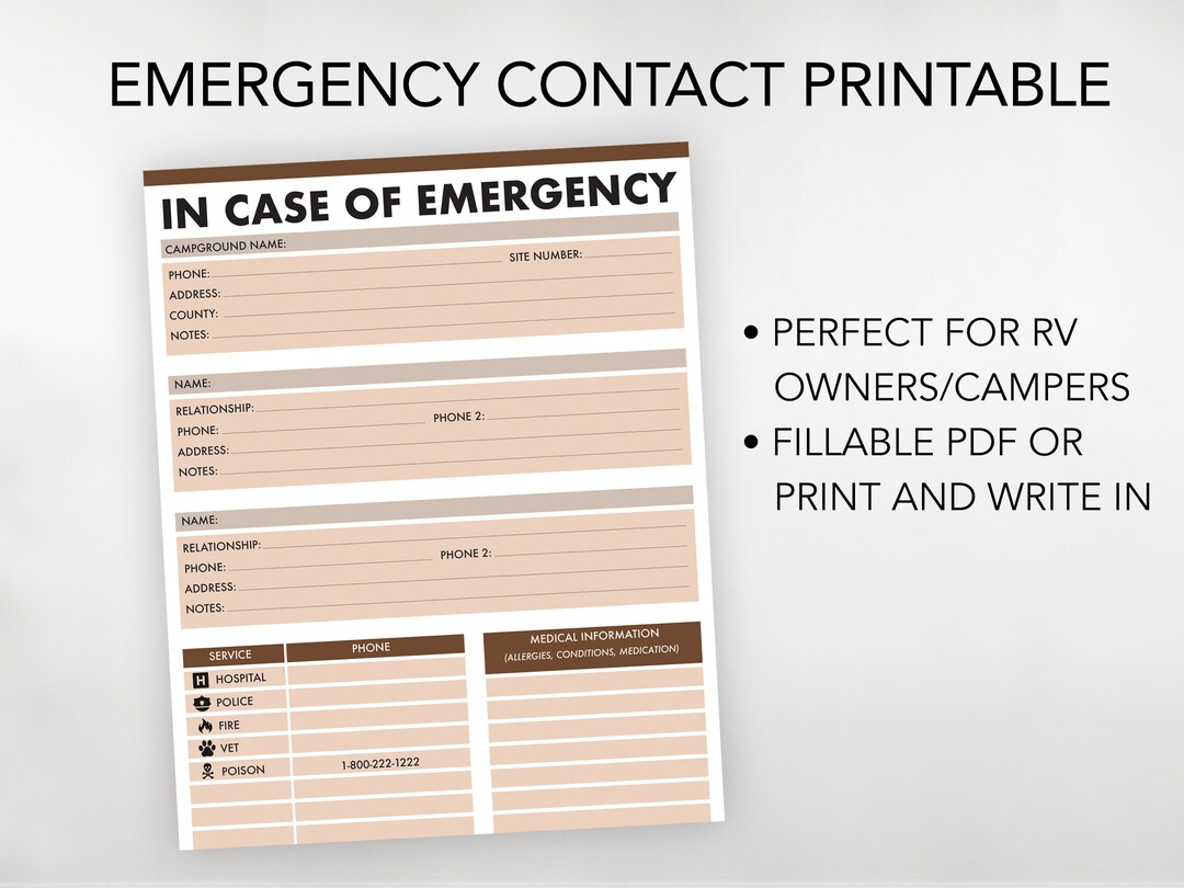 RV Trailer Campground Info, Printable Emergency Contact List, Camping ...