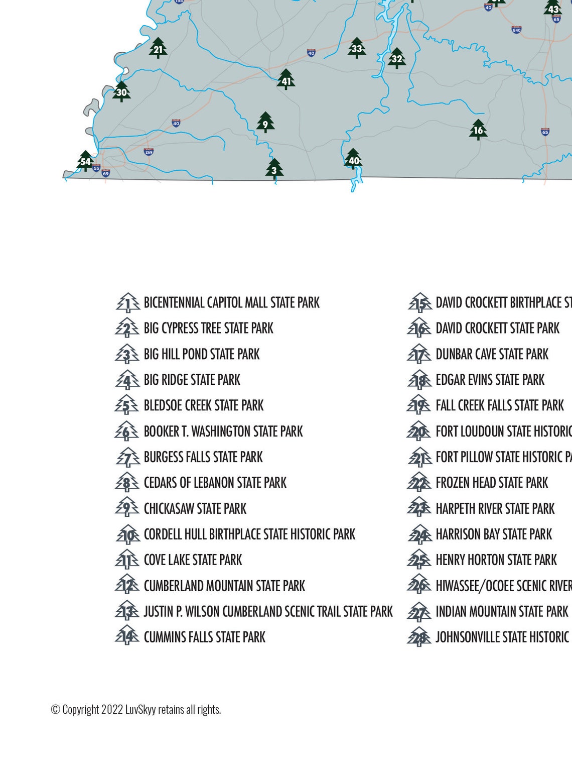 Tennessee State Parks Map Tennessee State Parks Checklist - Etsy