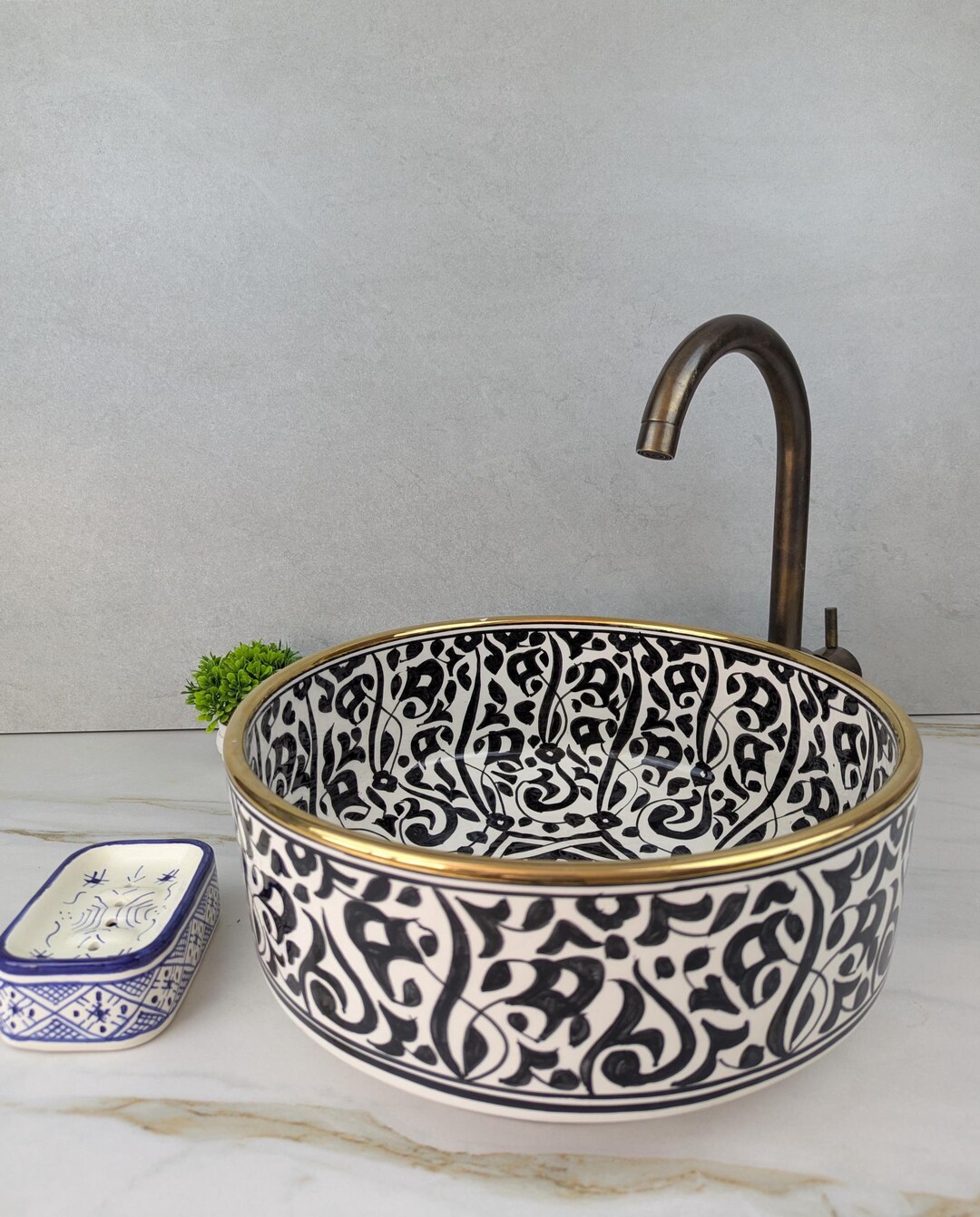 14K Gold Ceramic Basin - Hand-painted Moroccan Ceramic Sink ...