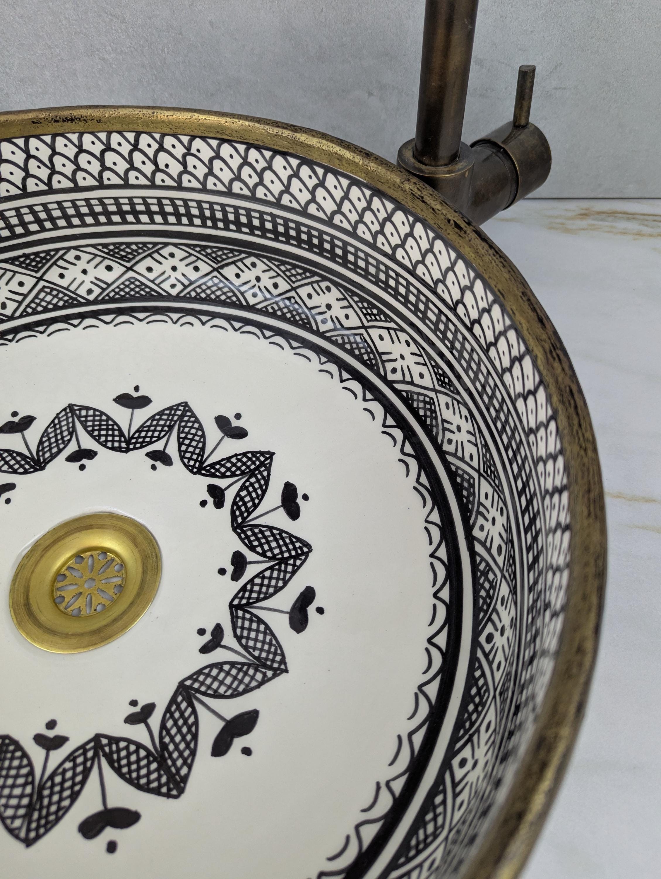 Moroccan Pottery Sink: Traditional Fes Design Ceramic Brass Bathroom ...