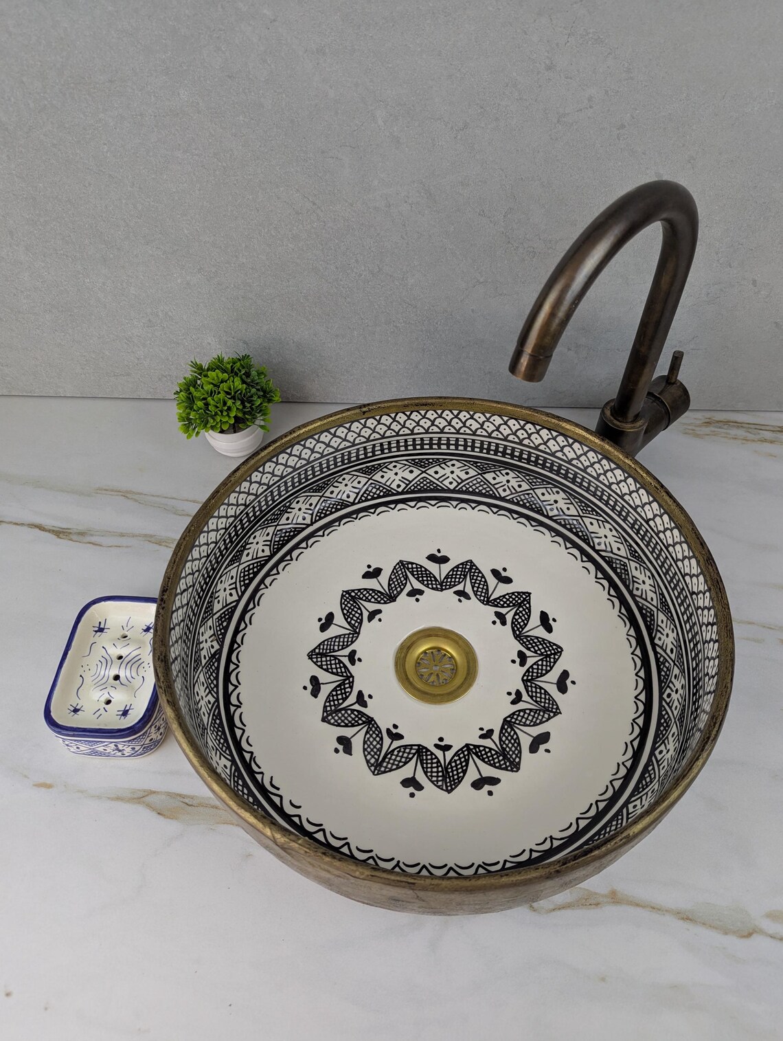 Moroccan Pottery Sink: Traditional Fes Design Ceramic Brass Bathroom ...