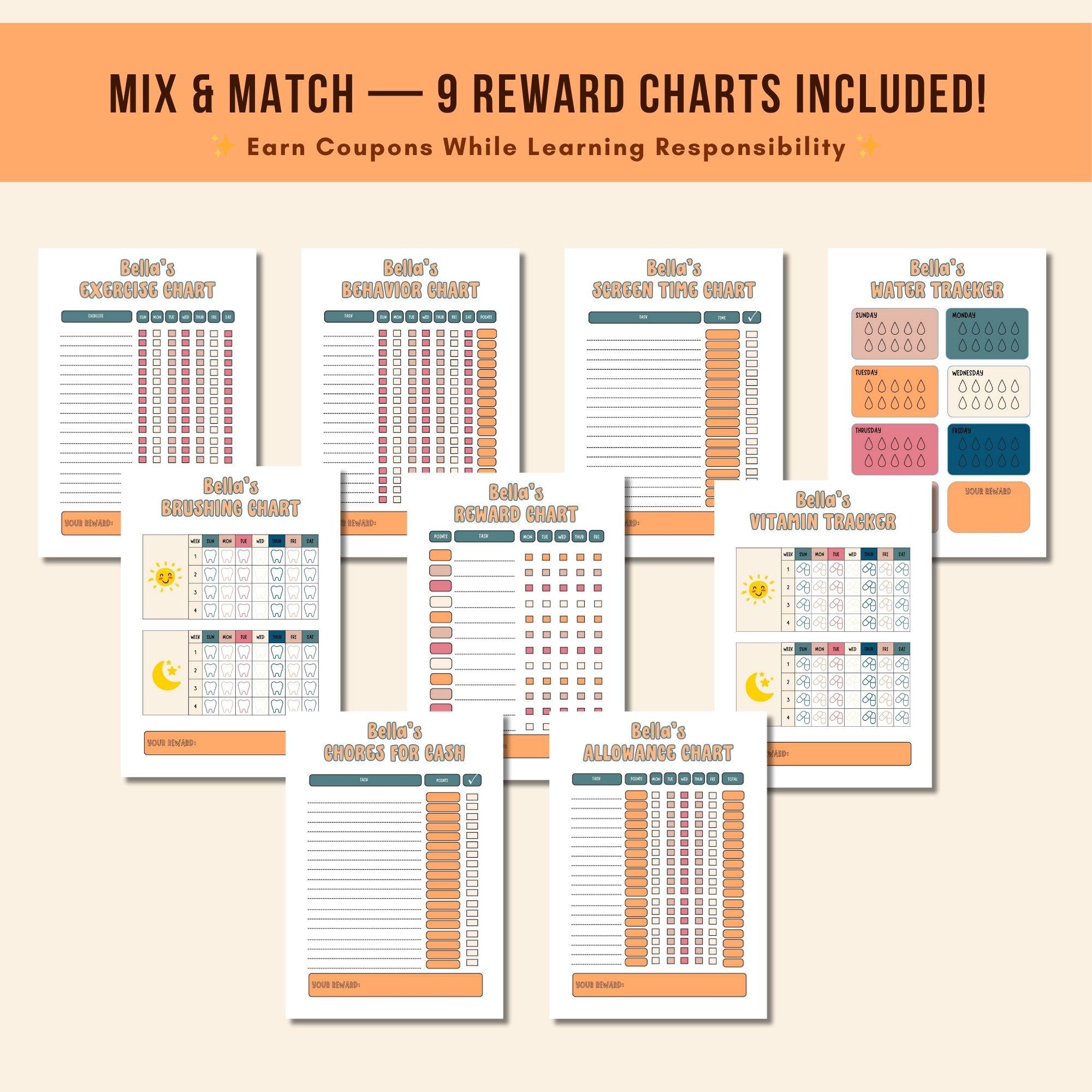 Editable Kids Chore Chart Bundle With Rewards Voucher, Responsibility ...