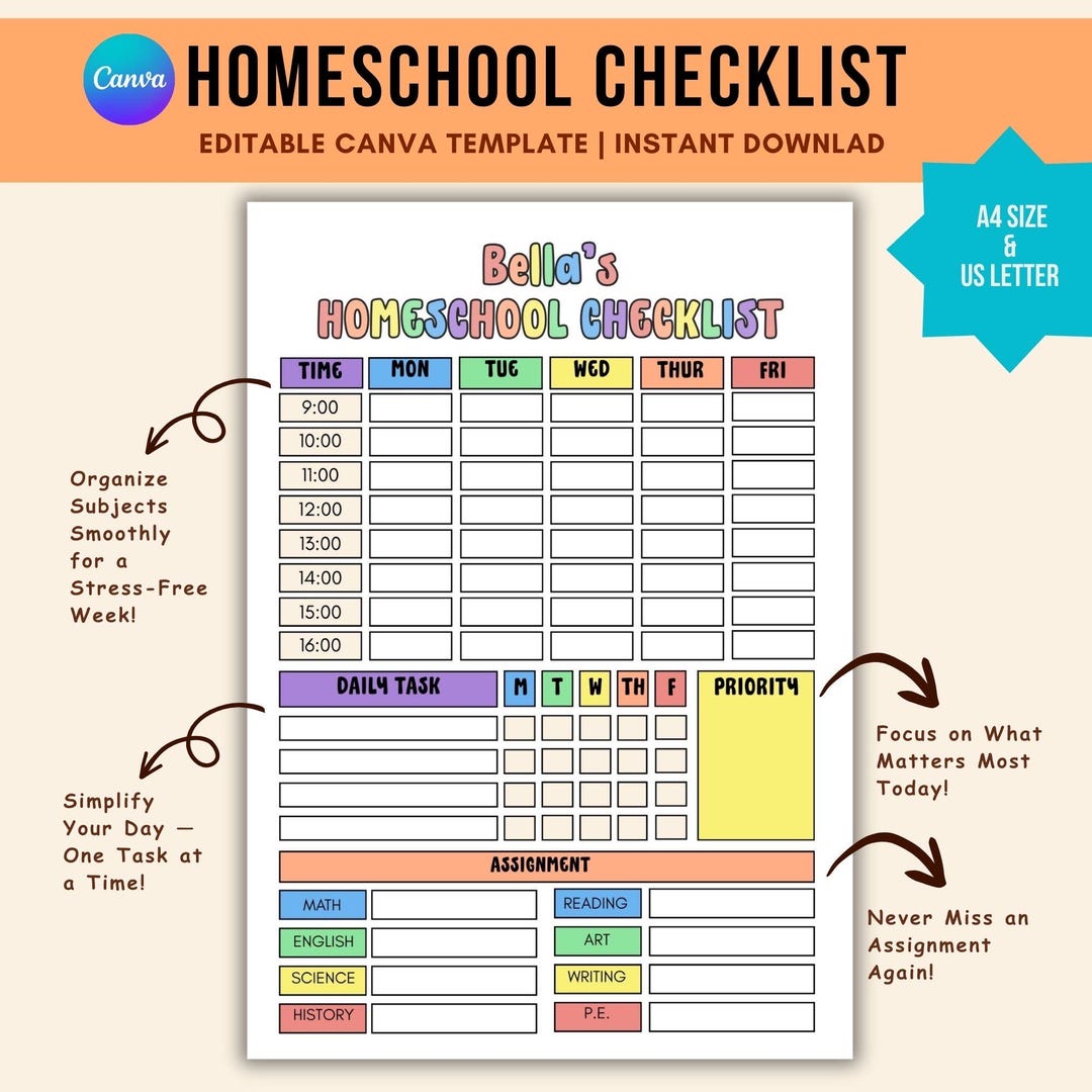 Editable Homeschool Checklist, Daily Responsibility Chart, Homeschool ...