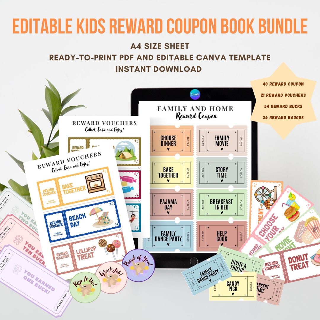 Editable Coupon Book Bundle for Kids, Reward Bucks, Reward Coupon ...