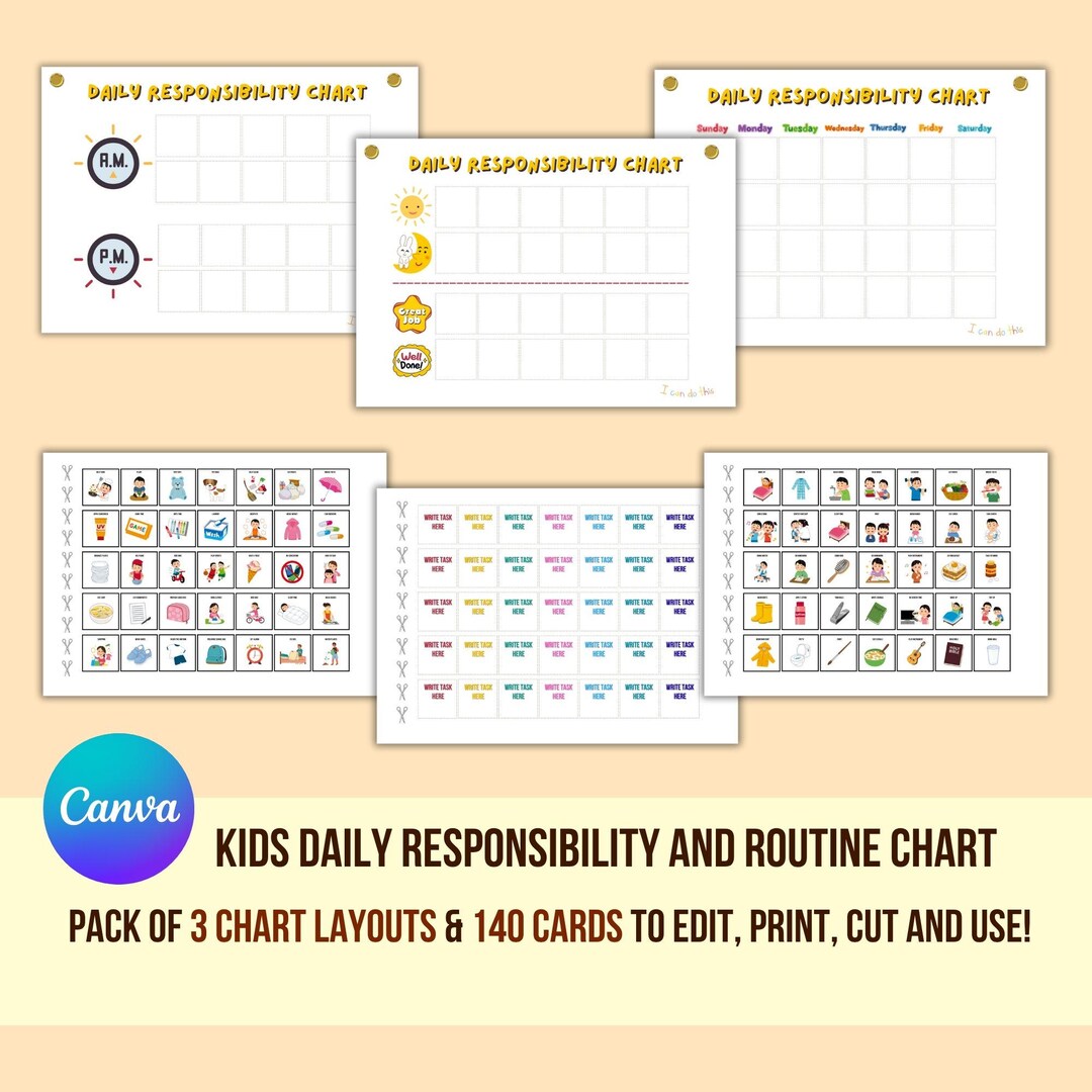 Visual Responsibility Cards, Editable Daily Kids Routine Chart ...