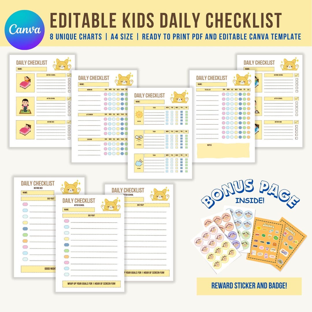 Editable Kids Daily Checklist, Weekly Routine Chore Chart Schedule, to ...