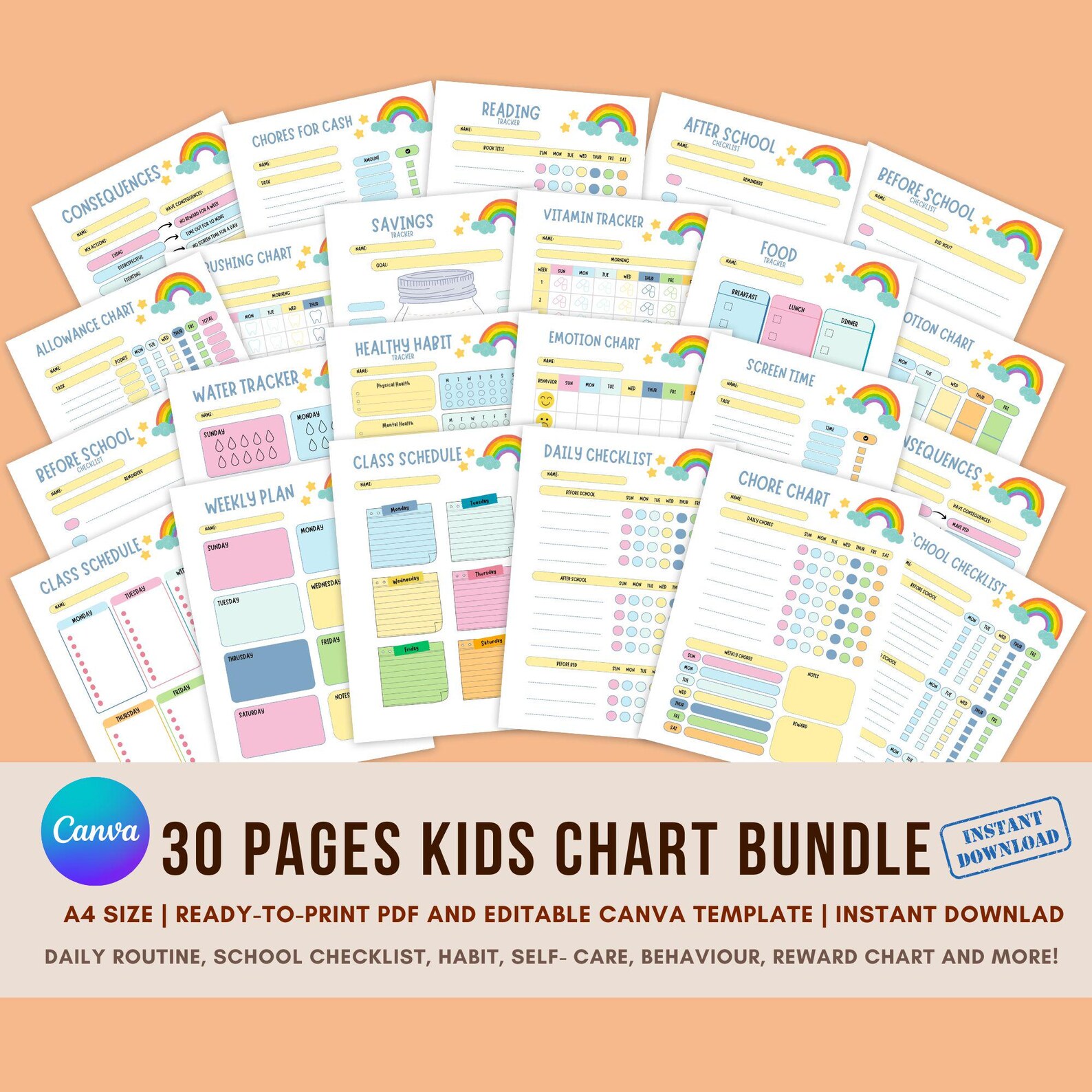 Editable Kids Chore Chart Bundle, Daily Weekly Routine Planner, Reward ...
