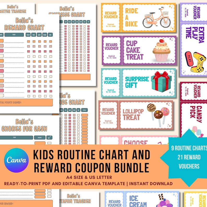 Editable Kids Chore Chart Bundle With Rewards Voucher, Responsibility ...