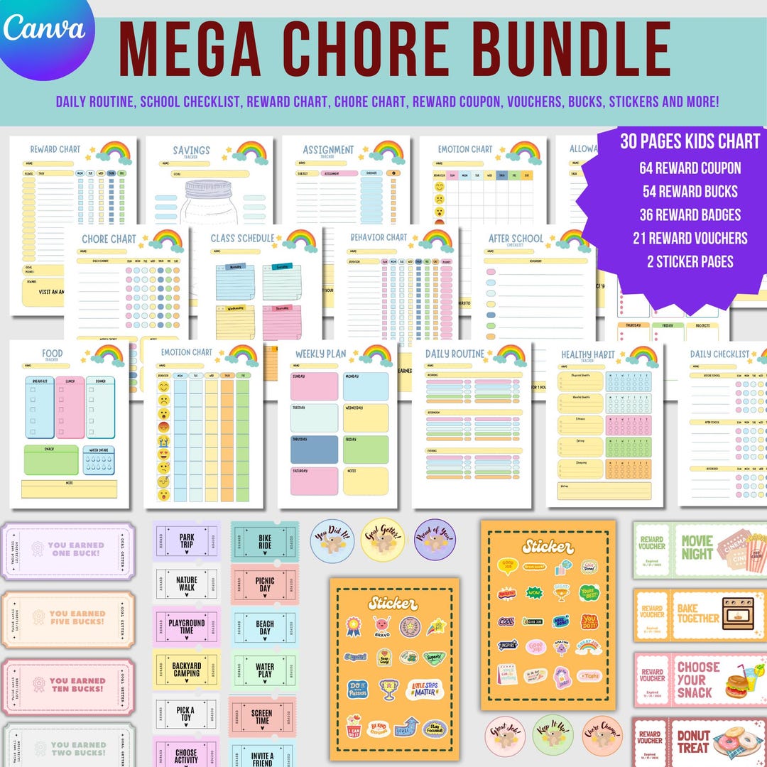 Editable Kids Chore Chart and Reward Coupon Bucks Bundle, Allowance ...