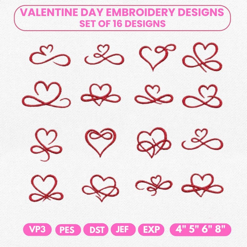 Heart Bow Embroidery Designs Set, Cute Valentine Ribbon Hearts ...