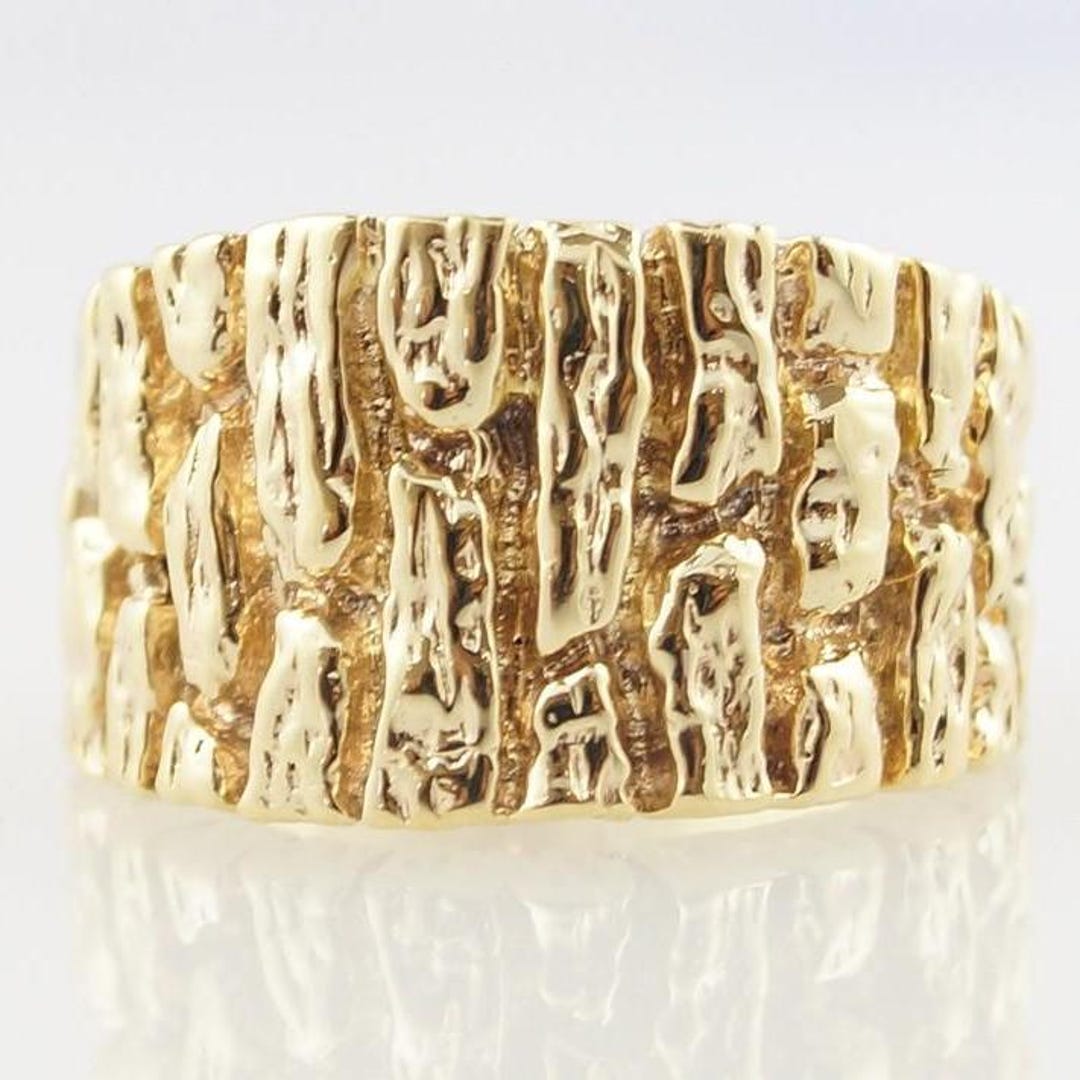 Textured Tree Bark Wide Band Solid Gold Ring - Nature Inspired Jewelry ...
