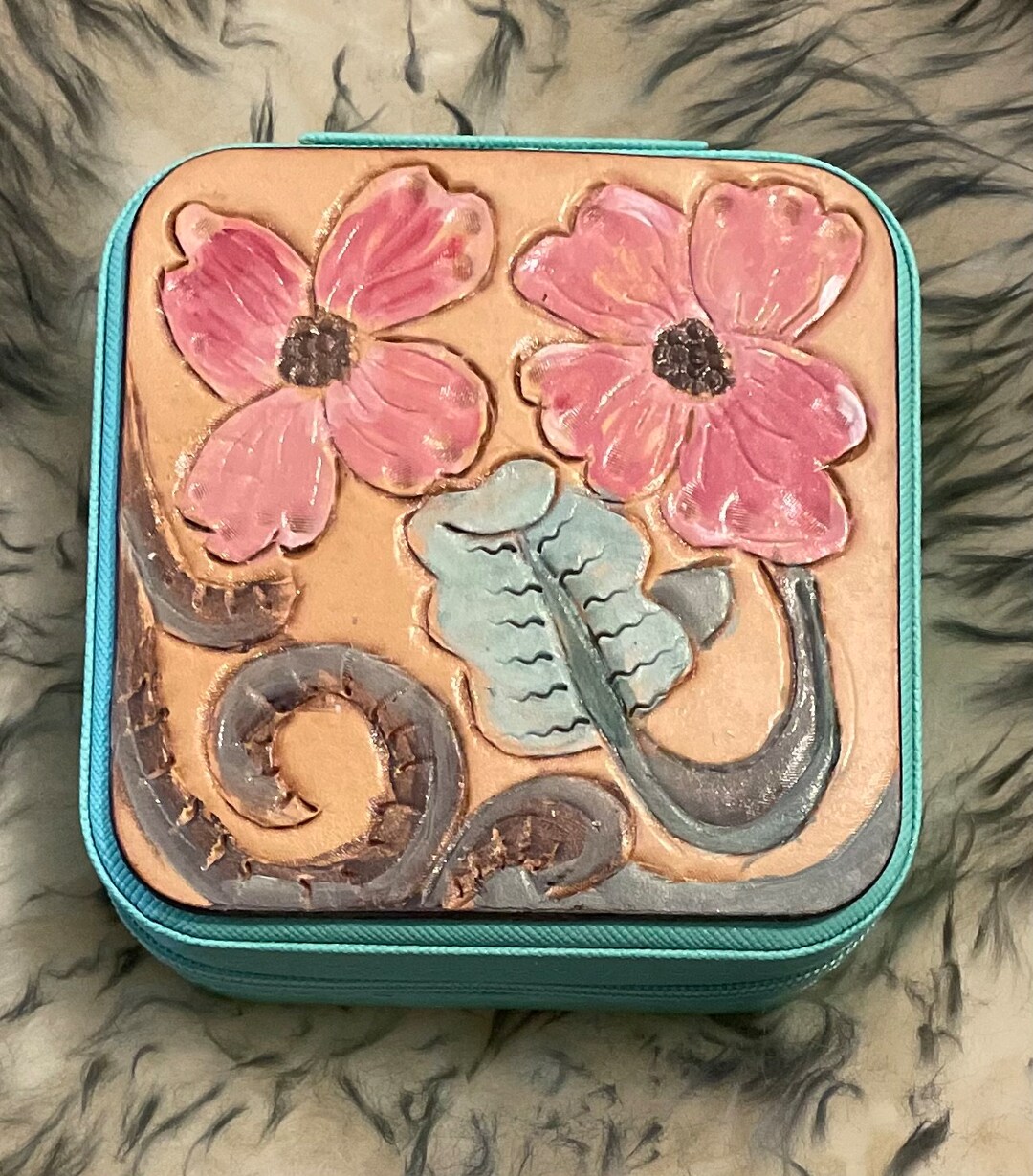 Cute Travel Jewelry Box Top is Covered With Real Hand Tooled Leather ...
