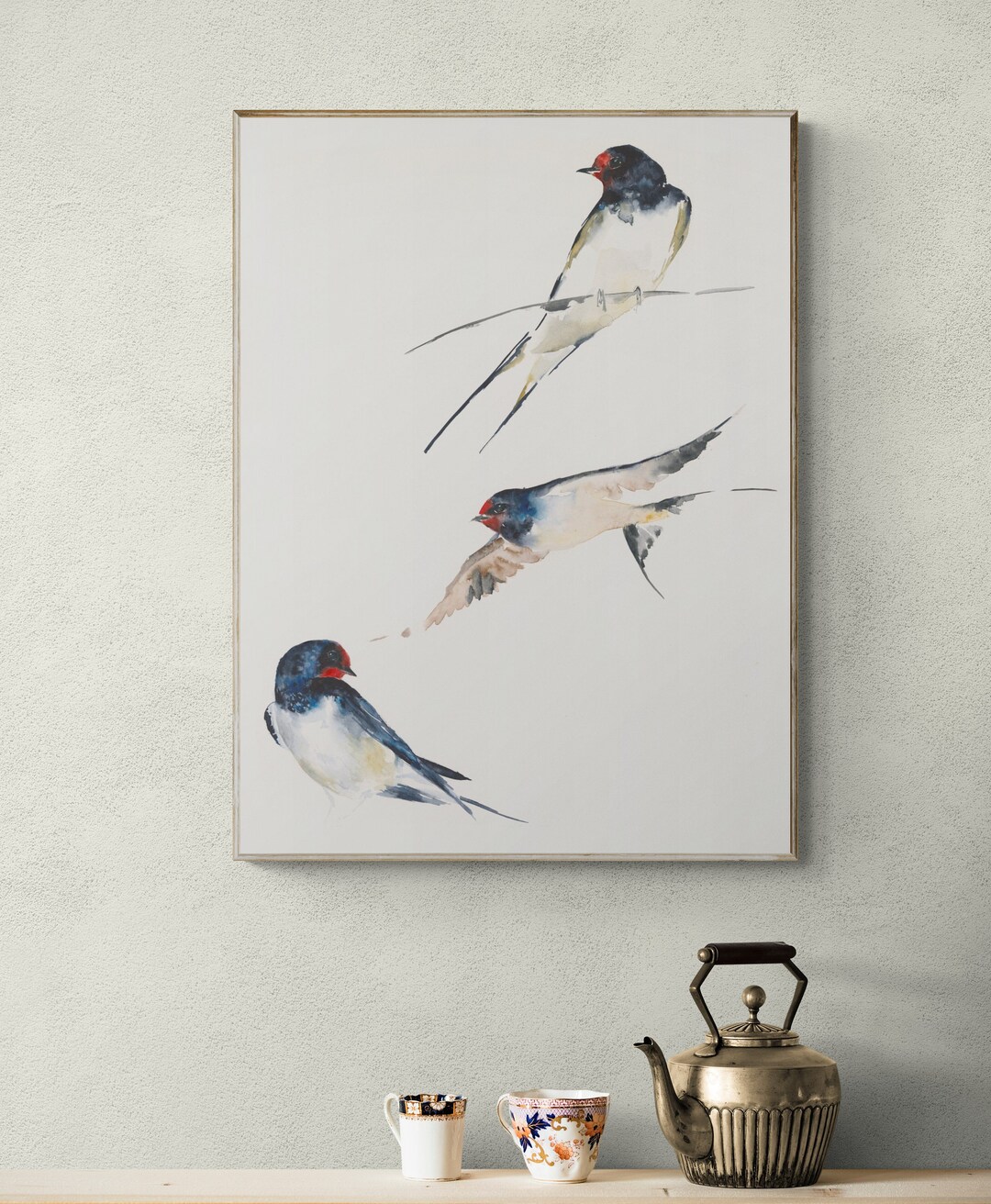 Watercolor Art Print Swallows Flying and Perched in Dark Blue White Red ...