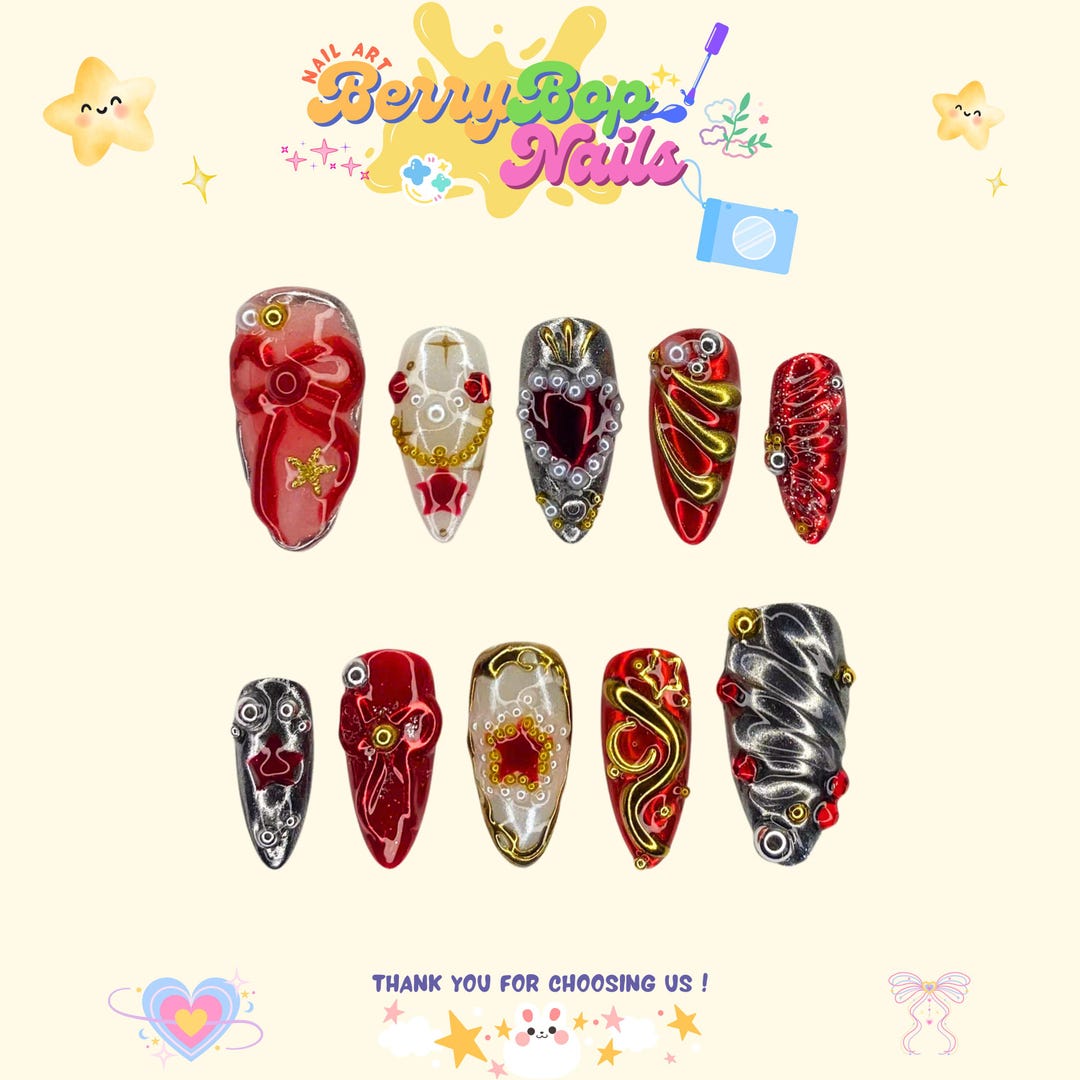 Y2K Golden Red Nails, Magic Heart Wave O Middle Nails, Luxury ...