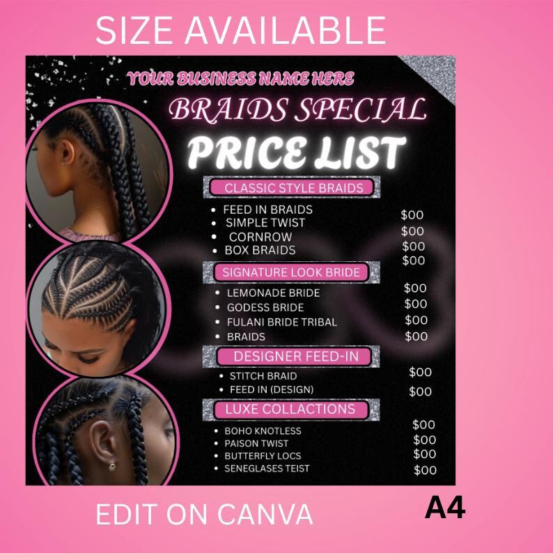 Braids Price List, Hairstyle Braiding Price Guide, Editable Flyer ...