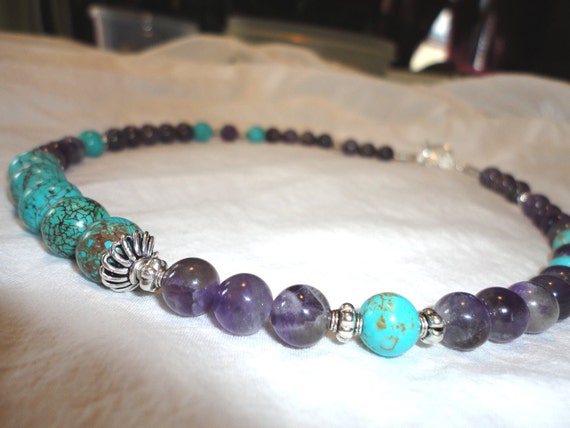 Items similar to Amethyst Necklace - with natural Turquoise - Blue and ...