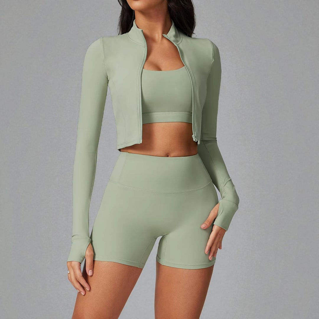3PCS Women’s Yoga Set, Long or Short Leggings | Long Sleeve Zip Top ...
